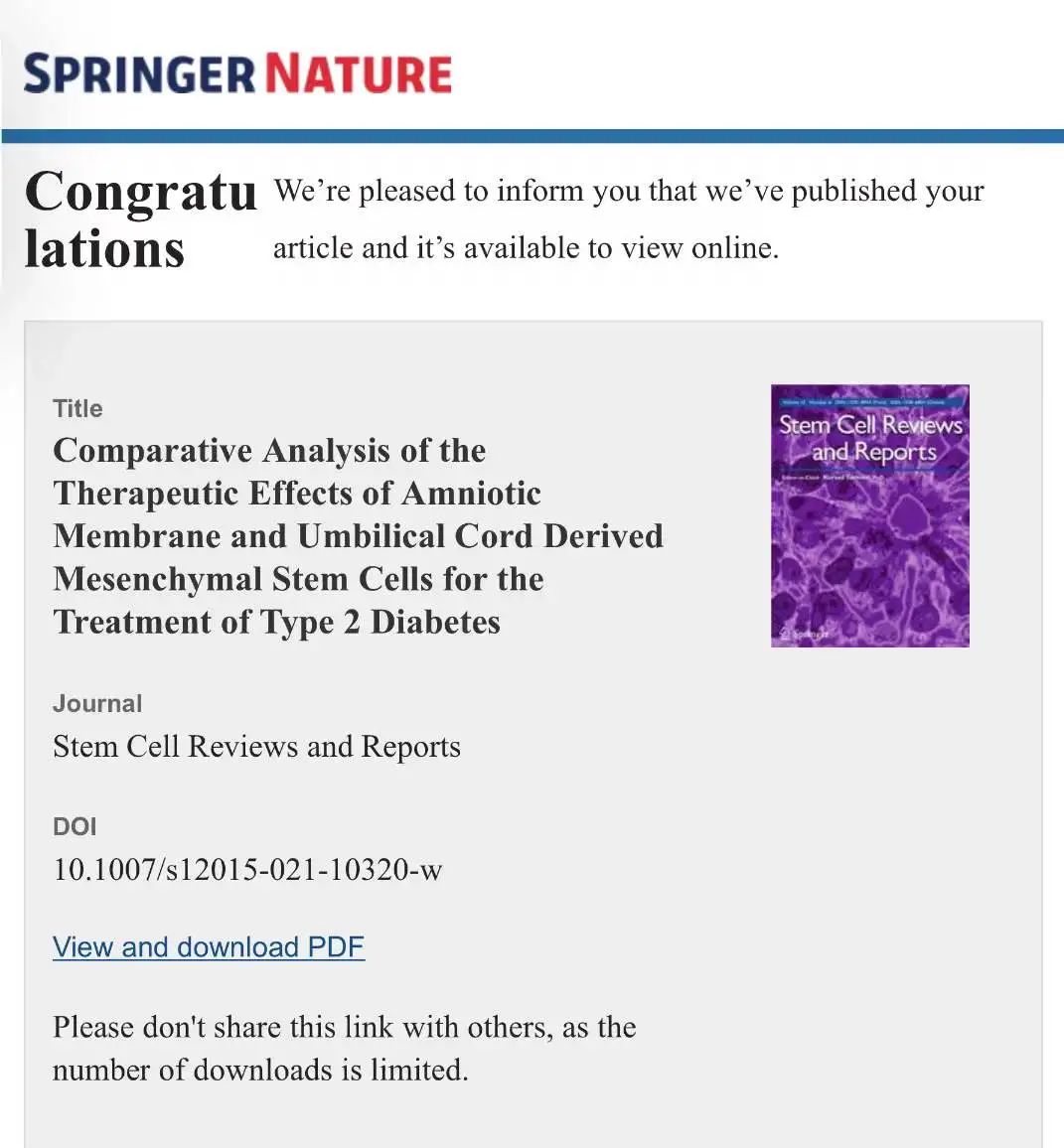 华夏源最新学术发表丨《STEM CELL REV REP》：间充质干细胞治疗Ⅱ型糖尿病新发现_华夏源细胞集团